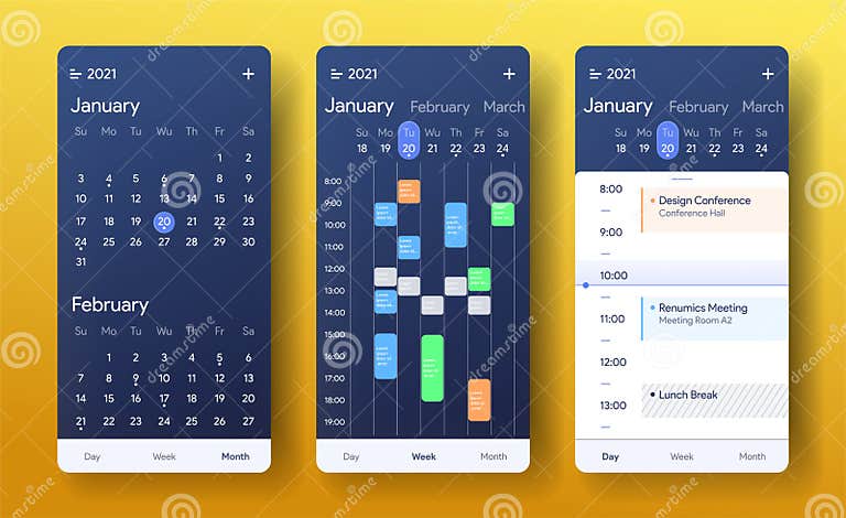 Mobile Calendar App. Month, Week and Day Interface Application. daily ...