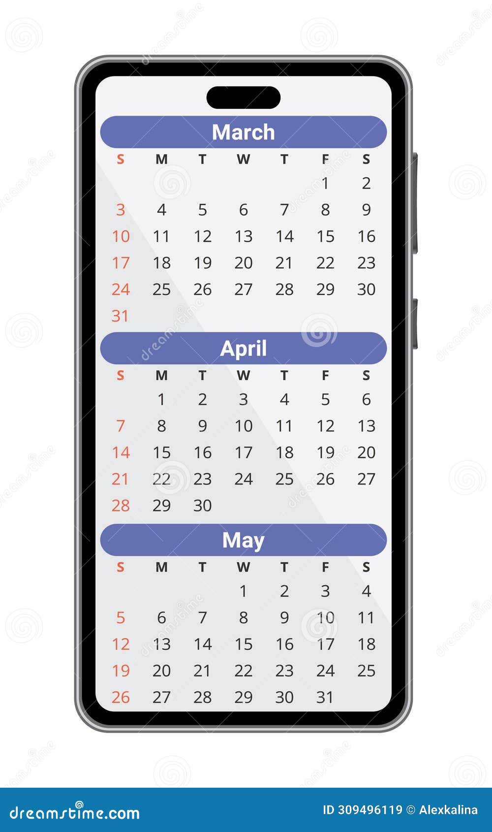 Mobile Calendar App UI Concept On Realistic Smartphone Screen Vector ...