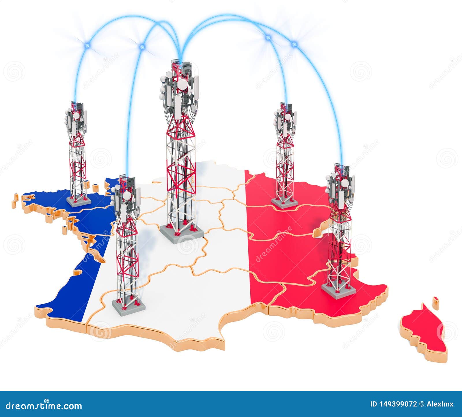 Mobile Communications in France, Cell Towers on the Map. 3D Rendering ...