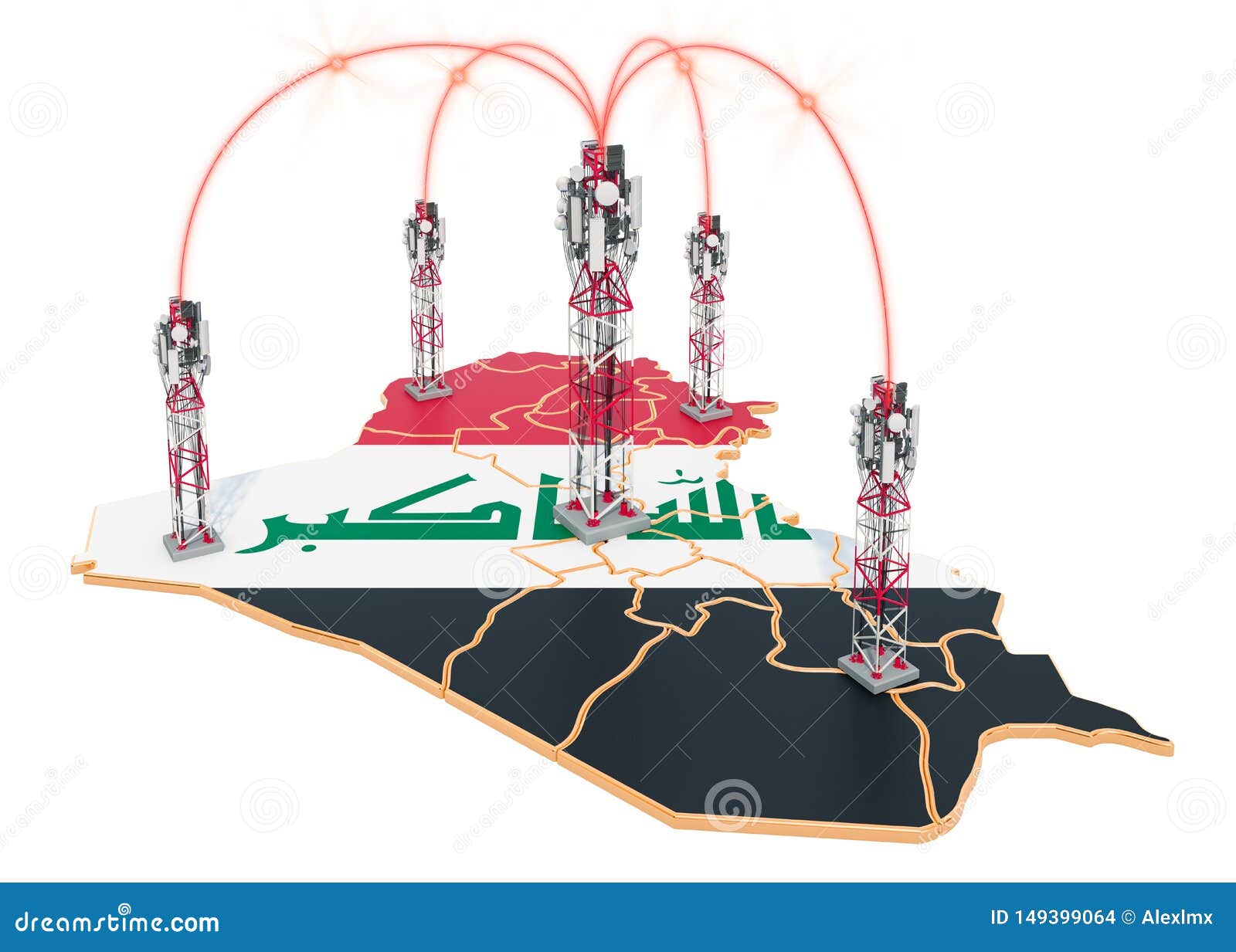 Mobile Communications in Iraq, Cell Towers on the Map. 3D Rendering ...