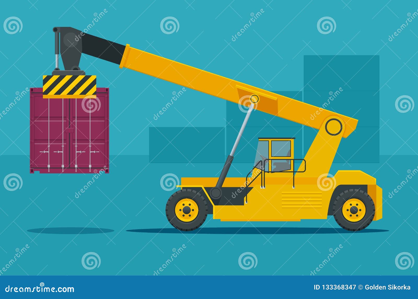 Mobile Container Handler In Action At A Container Terminal. Crane Lifts ...