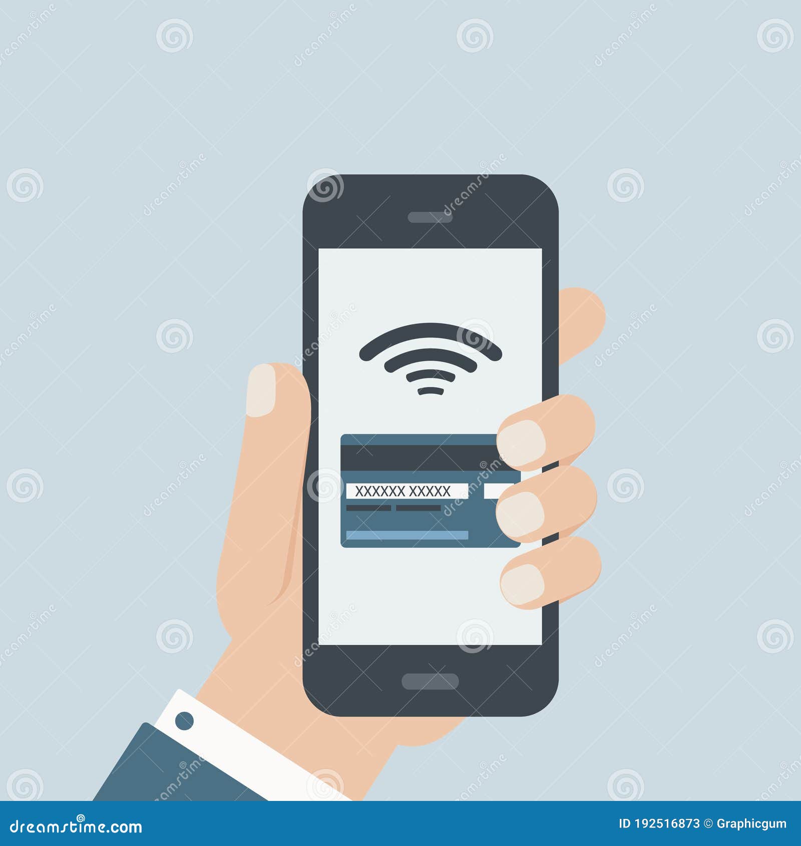 Mobile Credit Card Payment Hand Holding Phone Flat Design Stock Vector ...