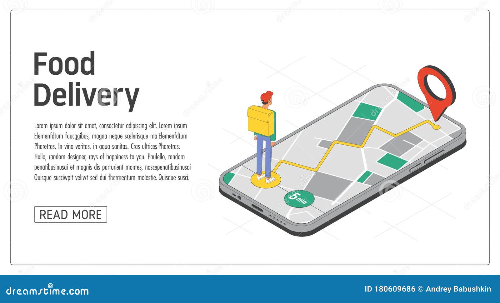 Mobile Delivery App. Courier with Bag. Map with Destination Point 1-2 ...