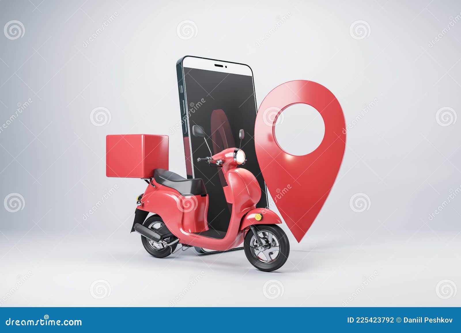 Mobile Delivery Concept with Red Scooter with Trunk, Pin Location, and ...