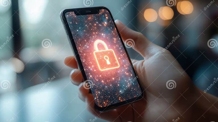Mobile Device with a Lock Symbol on the Screen Against a Galaxy ...