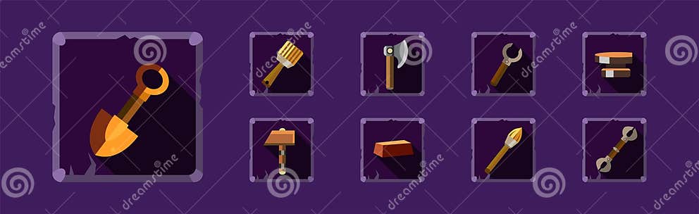 Mobile Game Icon and Object with Shovel, Brush, Axe and Wrench Vector ...