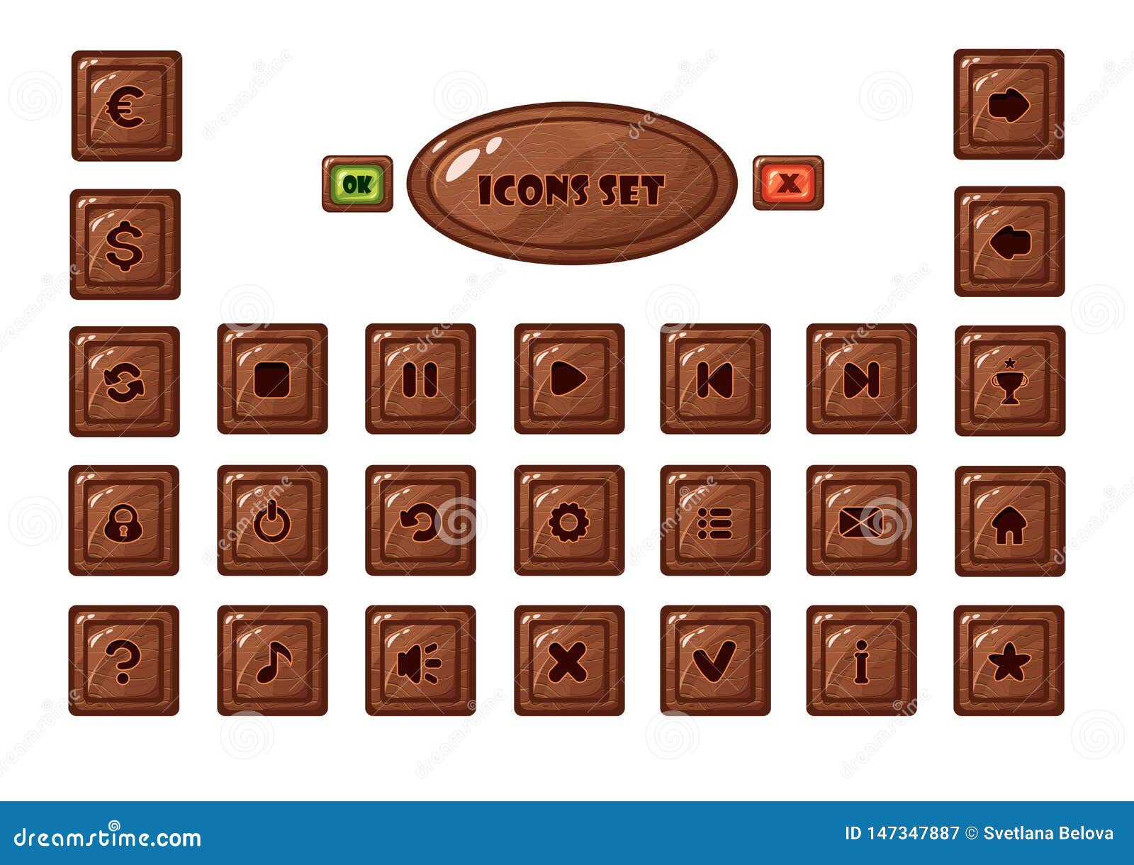 Mobile Game Square Wooden Buttons Set. Isolated Stock Vector ...