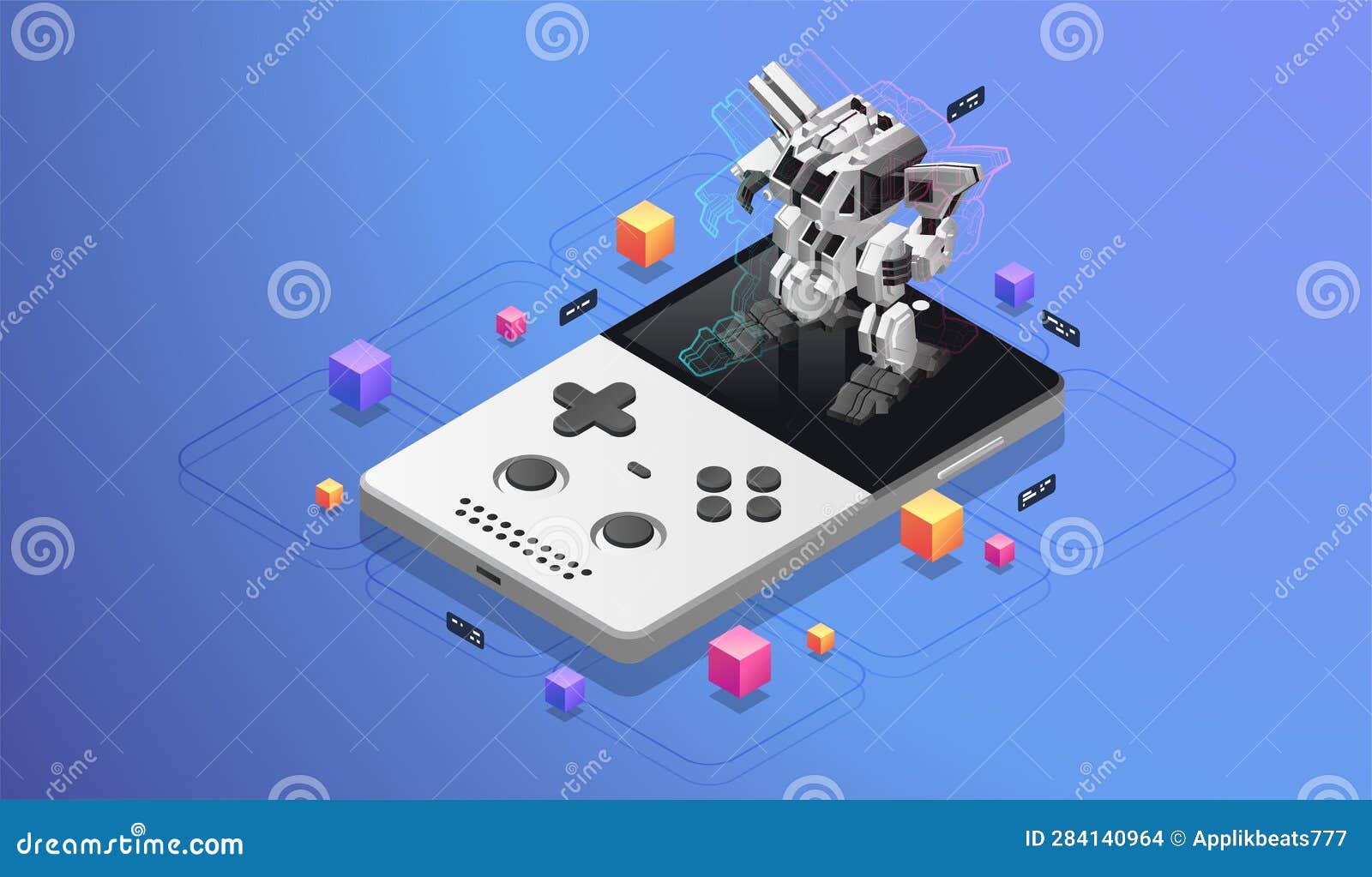Mobile Gaming. Big Robot on Pocket Console Screen. AR Concept for ...