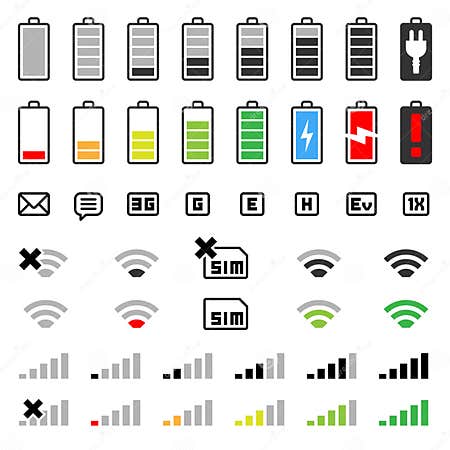 Mobile Icon Set - Battery and Connection Stock Vector - Illustration of ...