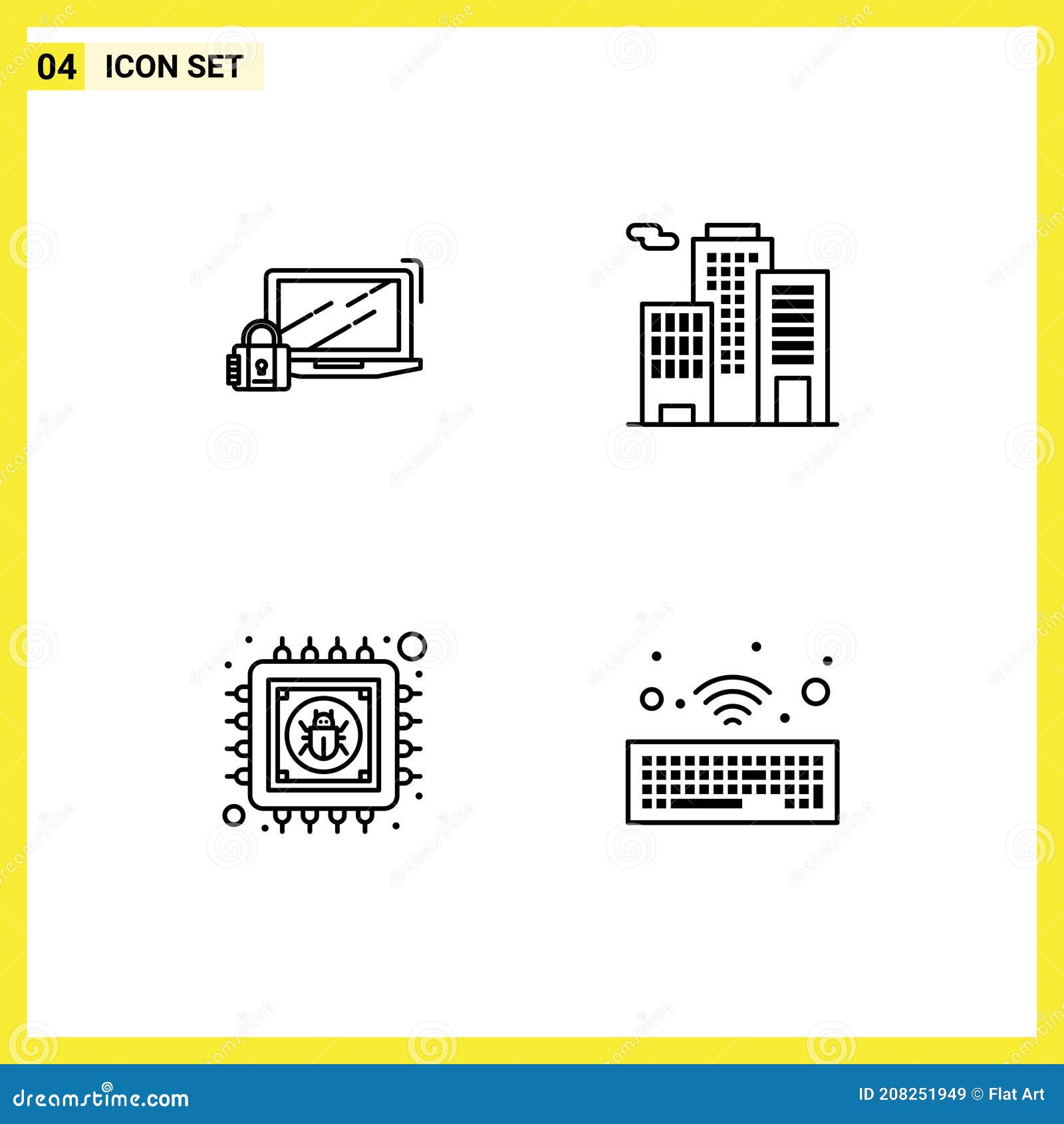 Mobile Interface Line Set of 4 Pictograms of Computer, Chip, Lock ...