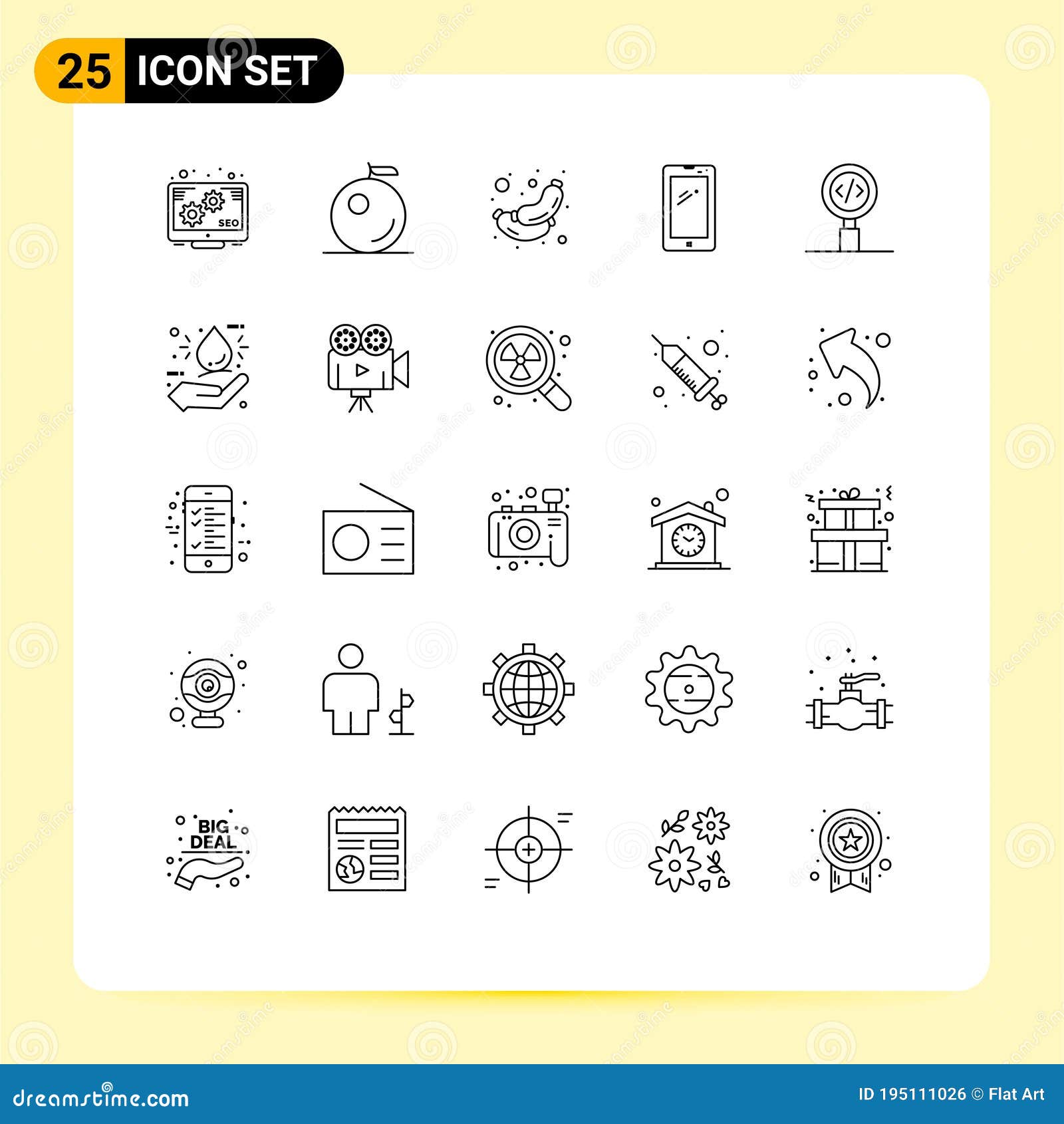 Mobile Interface Line Set of 25 Pictograms of Programming, Coding, Breakfast, Code, Android ...