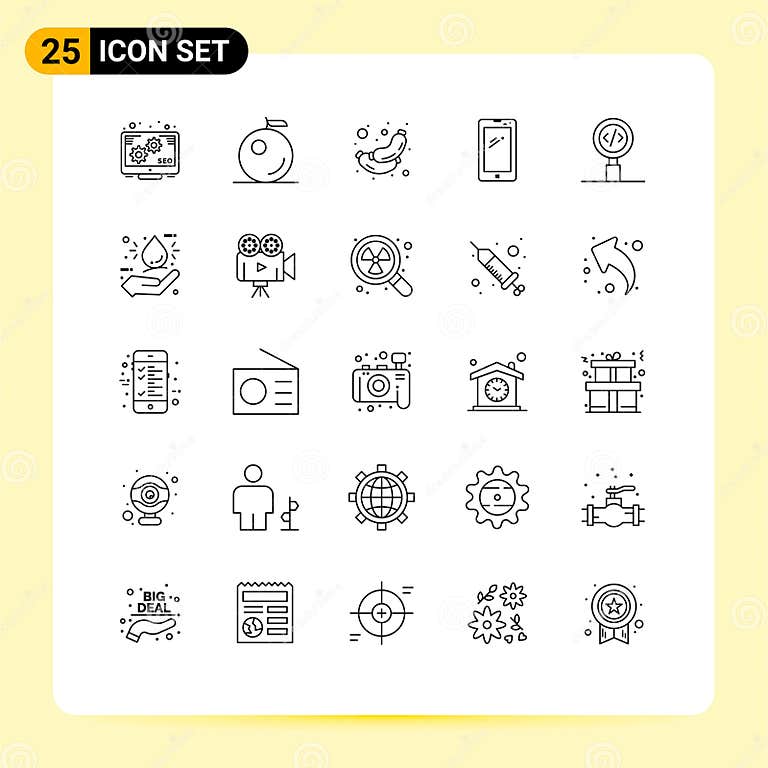 Mobile Interface Line Set of 25 Pictograms of Programming, Coding, Breakfast, Code, Android ...