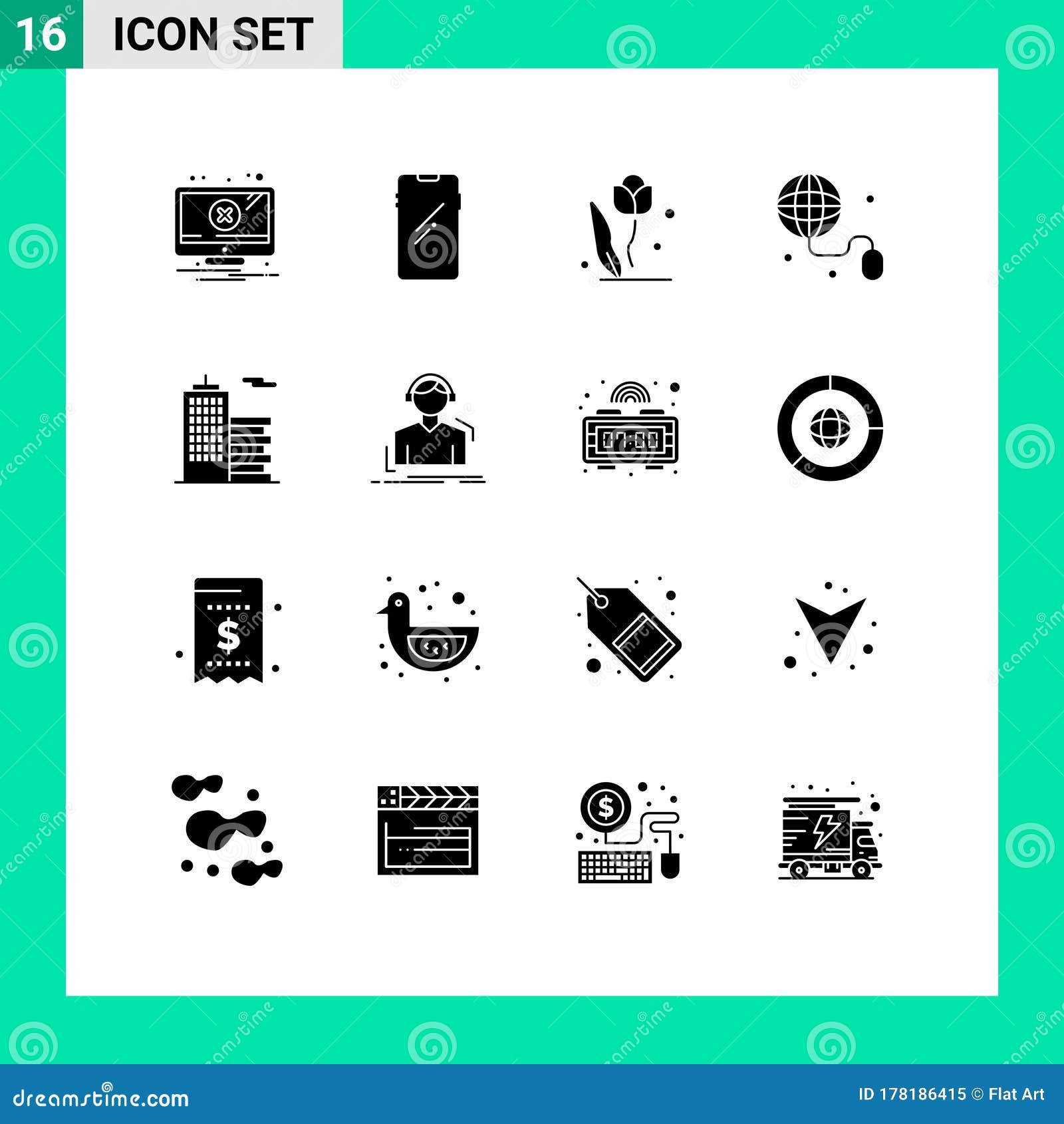 Mobile Interface Solid Glyph Set of 16 Pictograms of Building, Internet ...