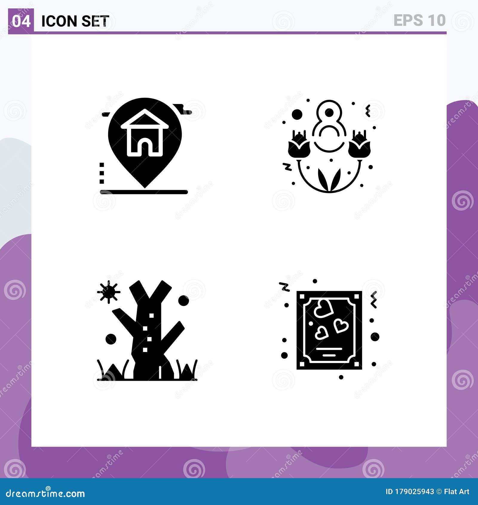 Mobile Interface Solid Glyph Set of 4 Pictograms of Location, Tree ...