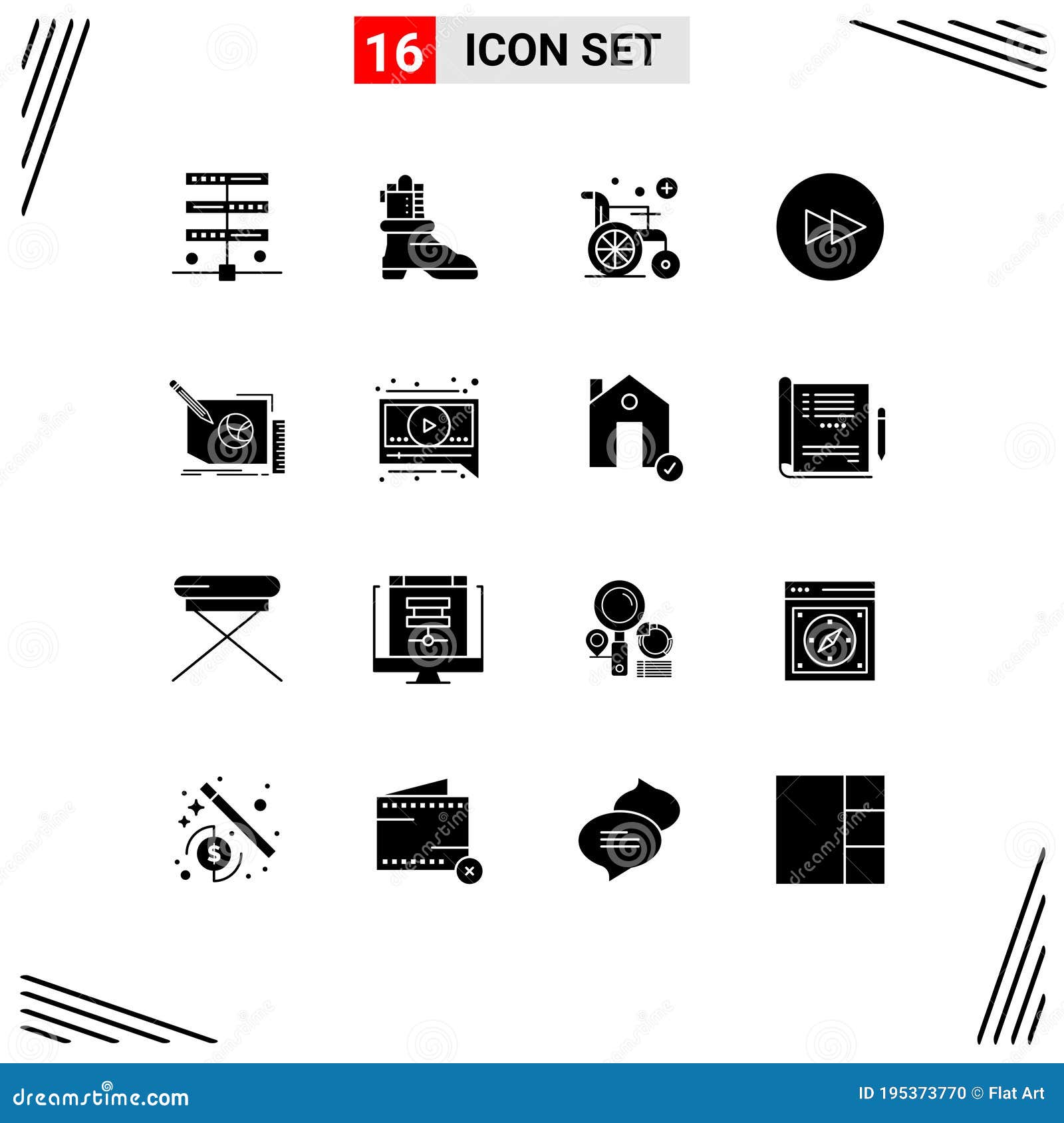 Mobile Interface Solid Glyph Set of 16 Pictograms of Text, Frame, Wheel ...