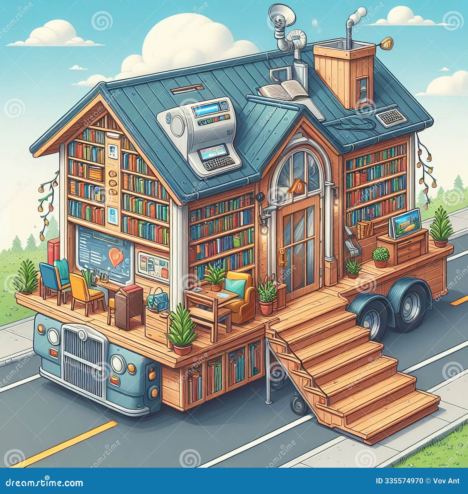 A Mobile Library Van In A Remote Area Is Equipped With Solar Panels To ...