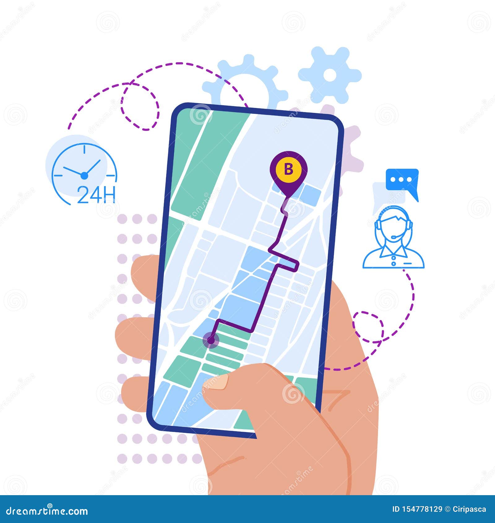 Mobile Navigation App On Screen Flat Design Illustration Stock Vector