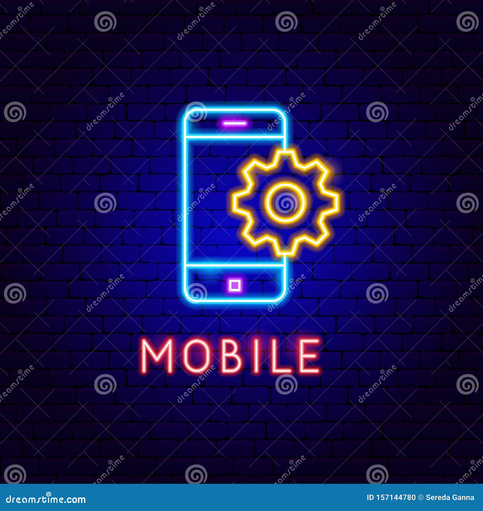 Mobile Neon Label stock vector. Illustration of development - 157144780