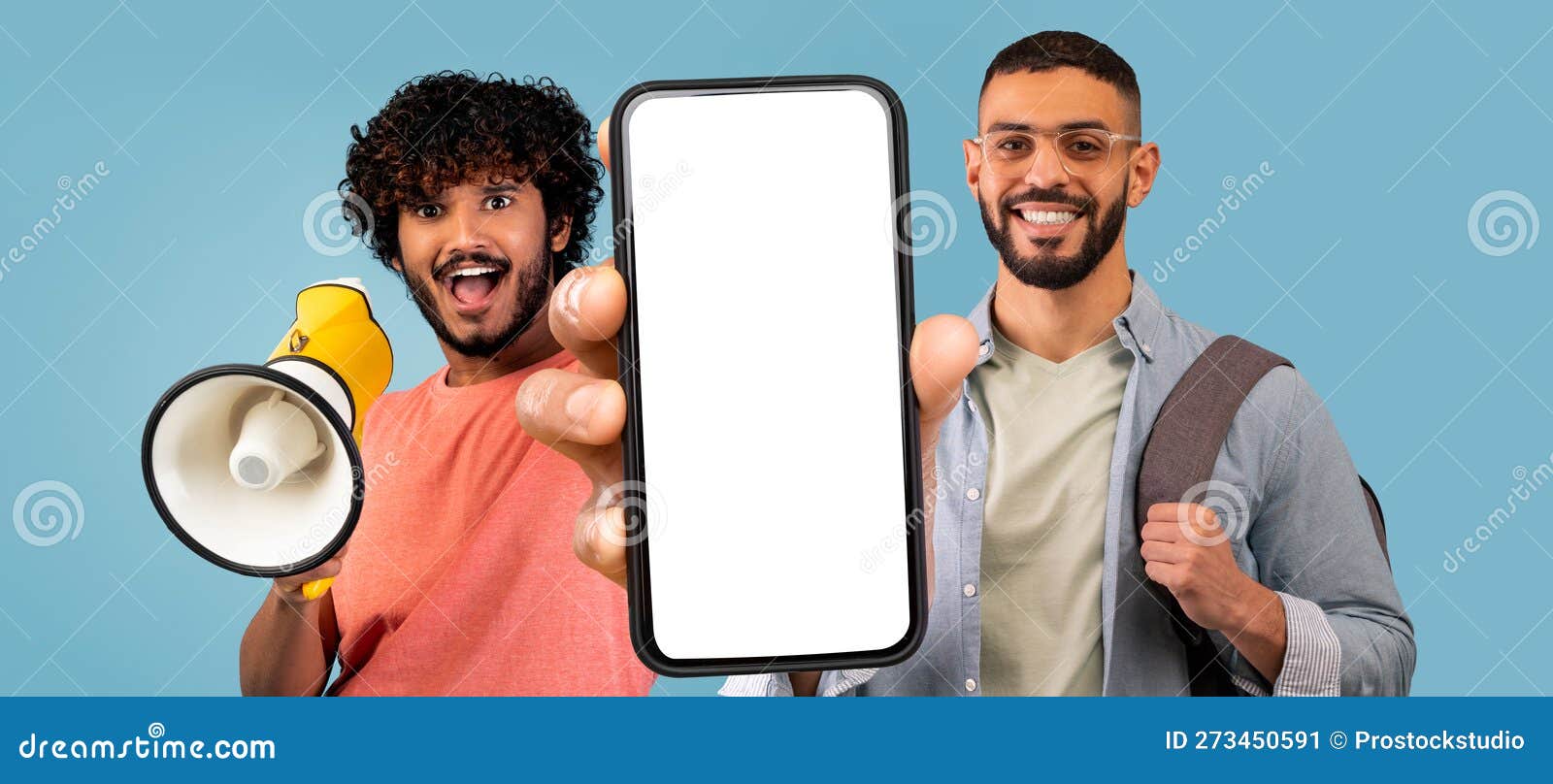 Mobile Offer. Two Multiethnic Guys Using Megaphone and Showing Big ...