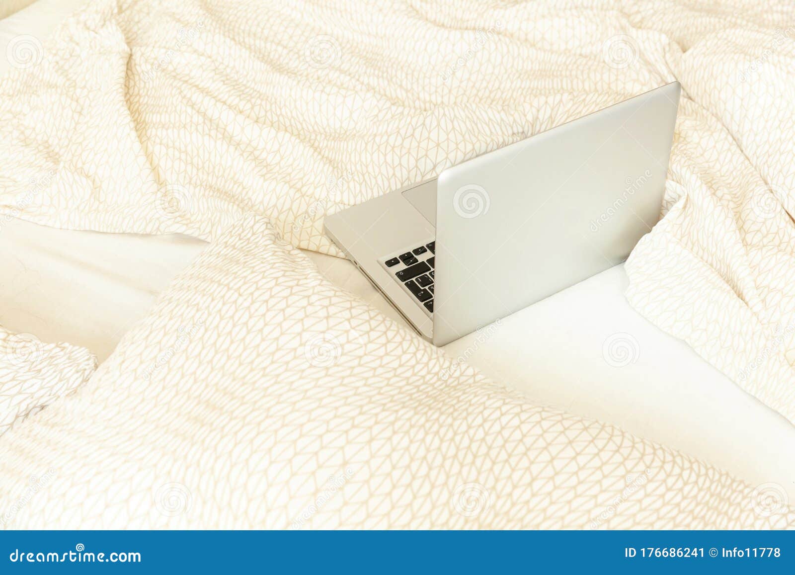 Mobile Office at Home. Workplace with Laptop Pc Computer on Bed in ...