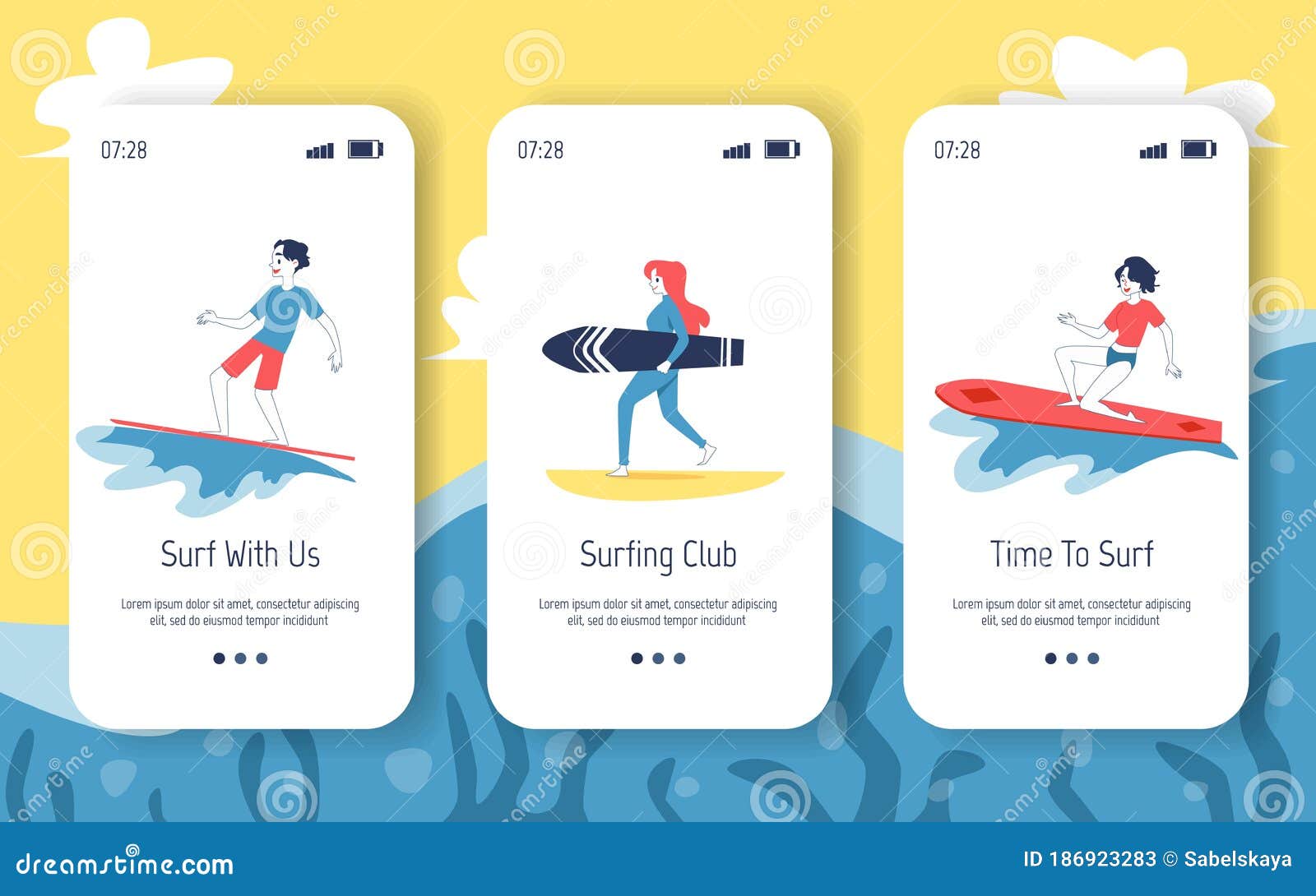 Mobile Onboard Screens with Surfers and Surfing. Stock Vector ...