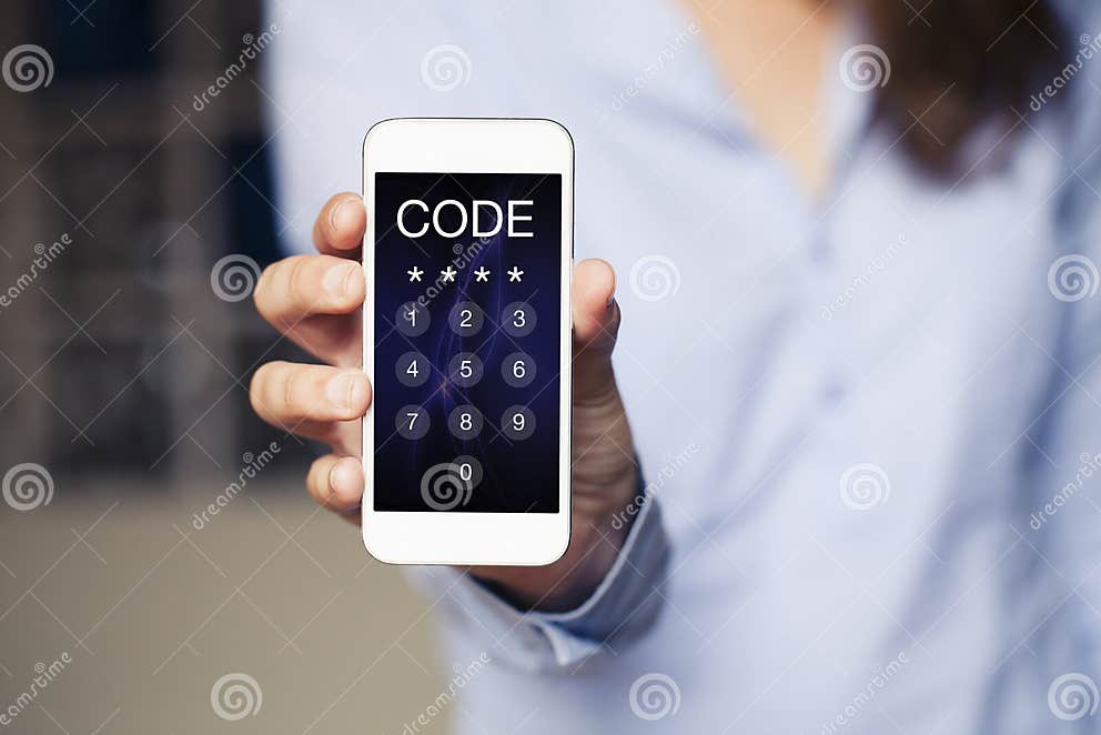 Mobile Passcode in a Phone Screen while Woman Holds it in the Hand ...