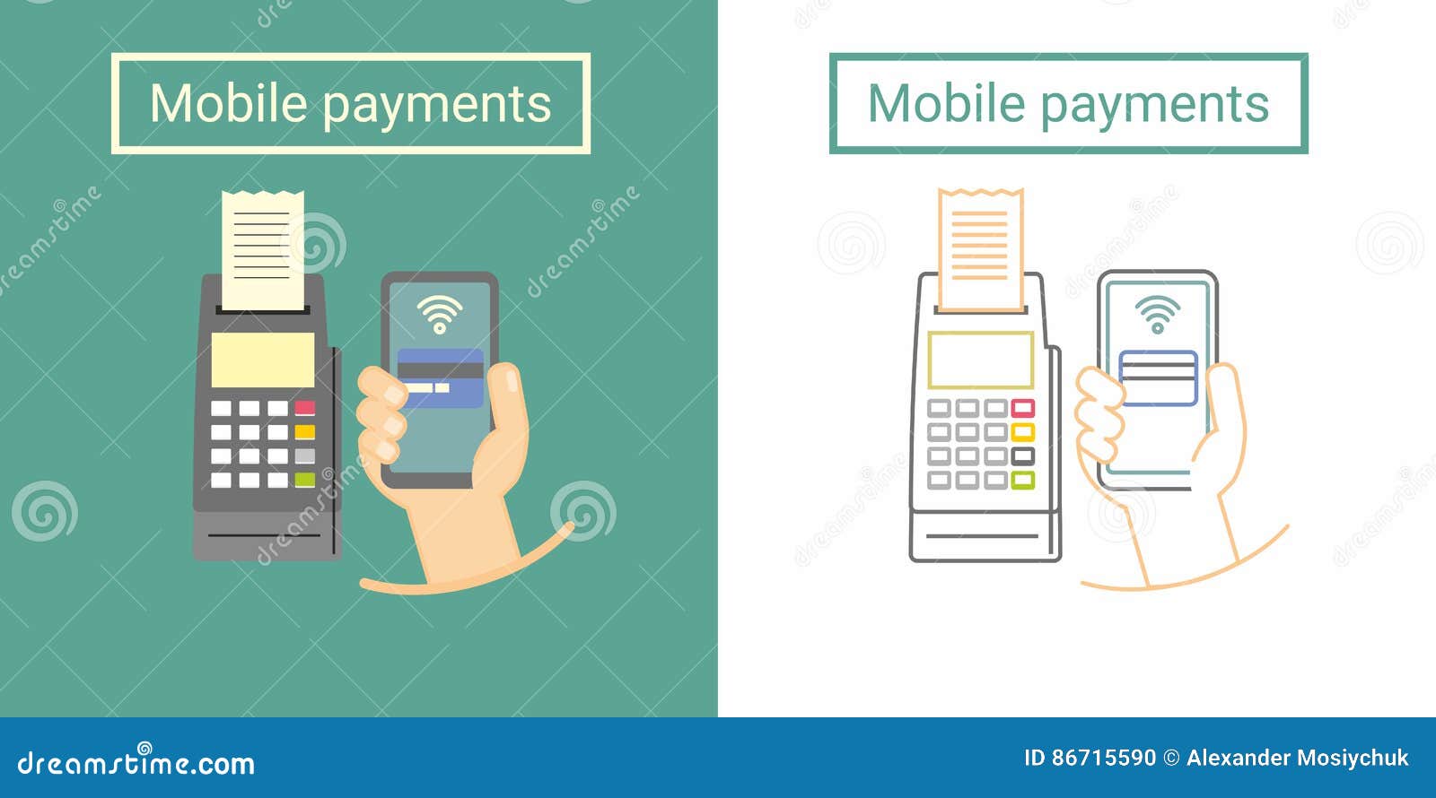 Mobile Payment Design Concept Terminal Hand Holding Phone Flat Linear ...