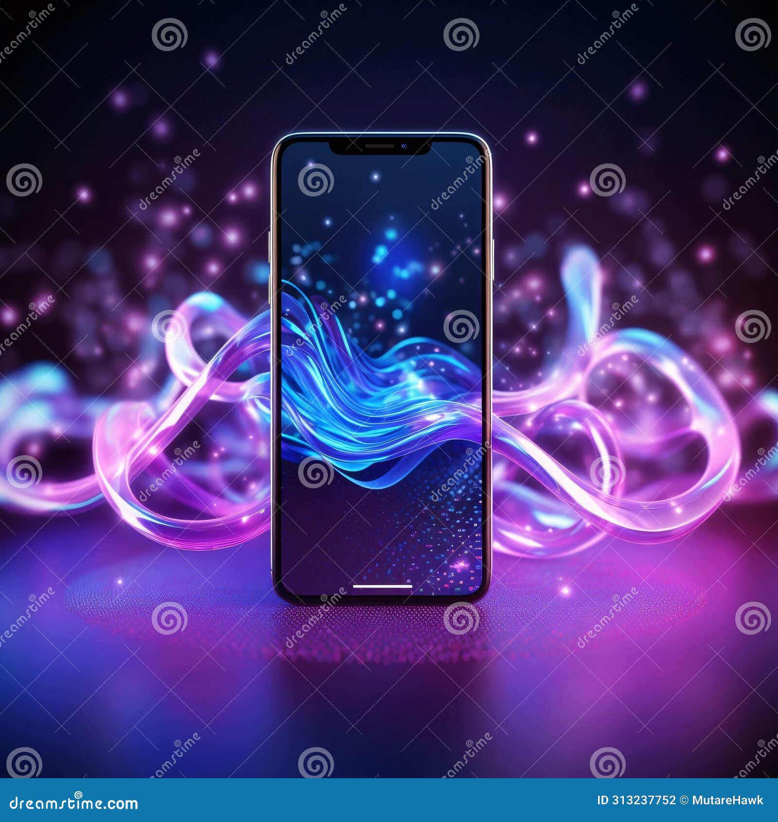 Mobile Phone with Abstract Glowing Waves on Dark Background. Vector ...