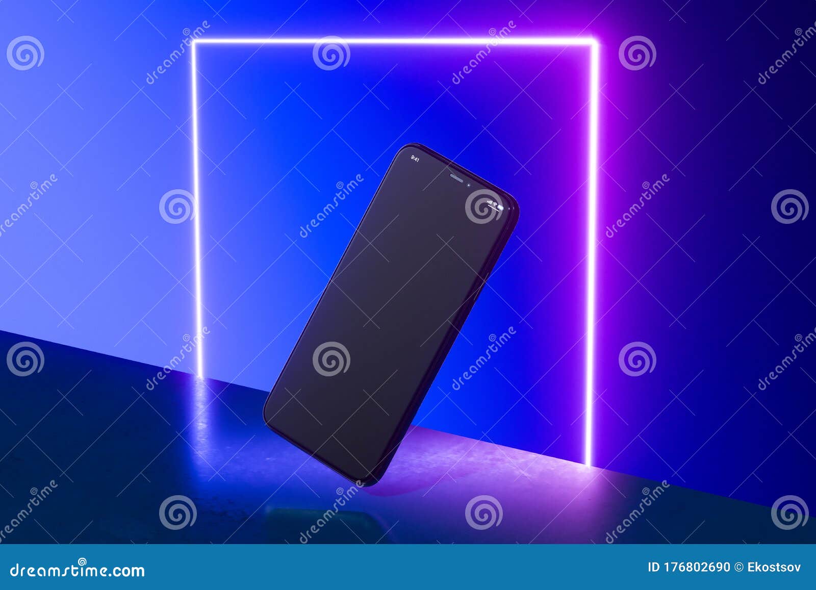 Mobile Phone with Blank Screen on Neon Frame Background. Device ...
