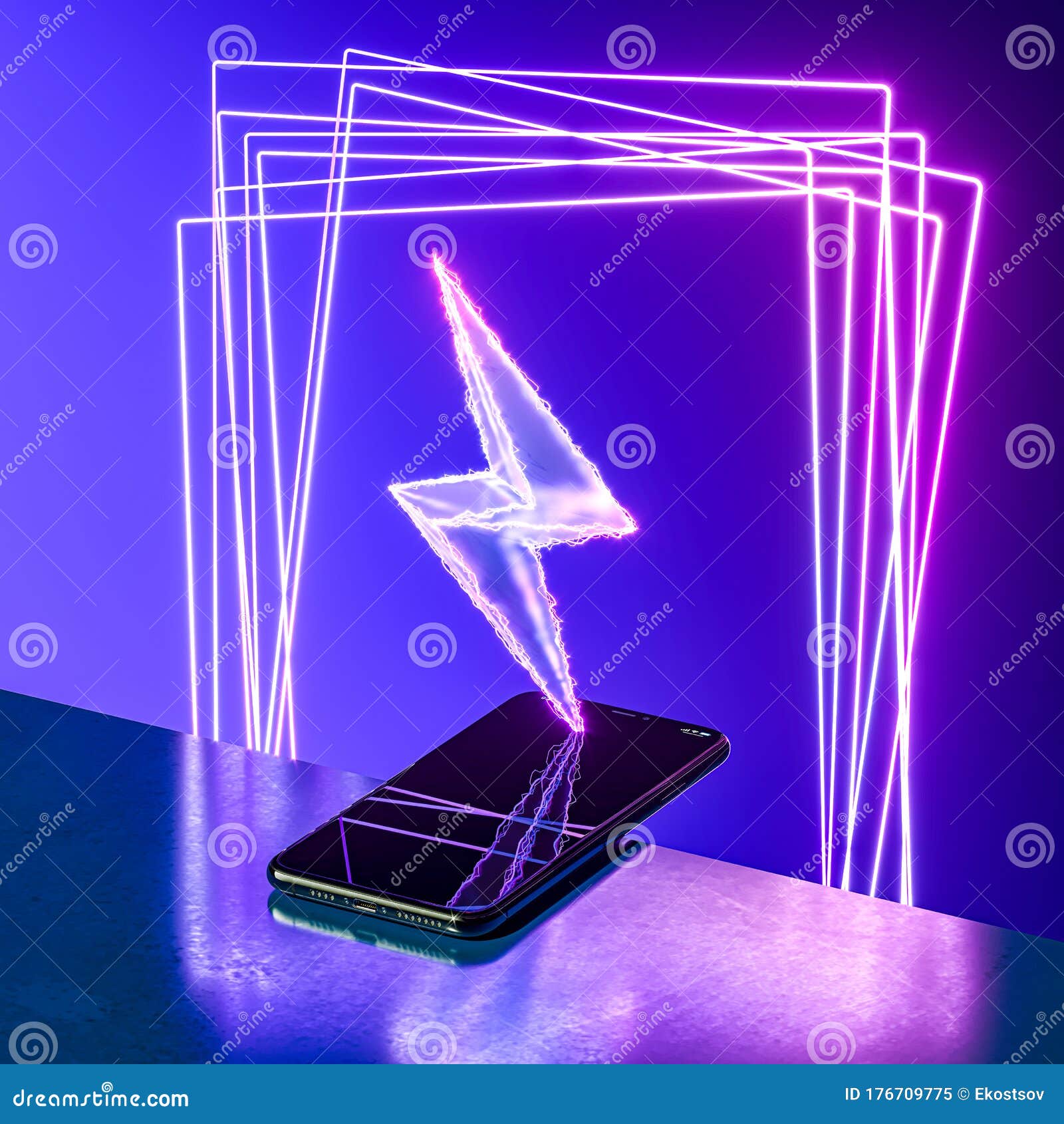 Mobile Phone with Blank Screen in Neon Frame and Lightning. Device ...