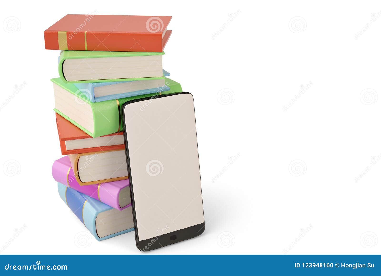 A Mobile Phone and Book Stacks 3d Illustration. Stock Illustration ...