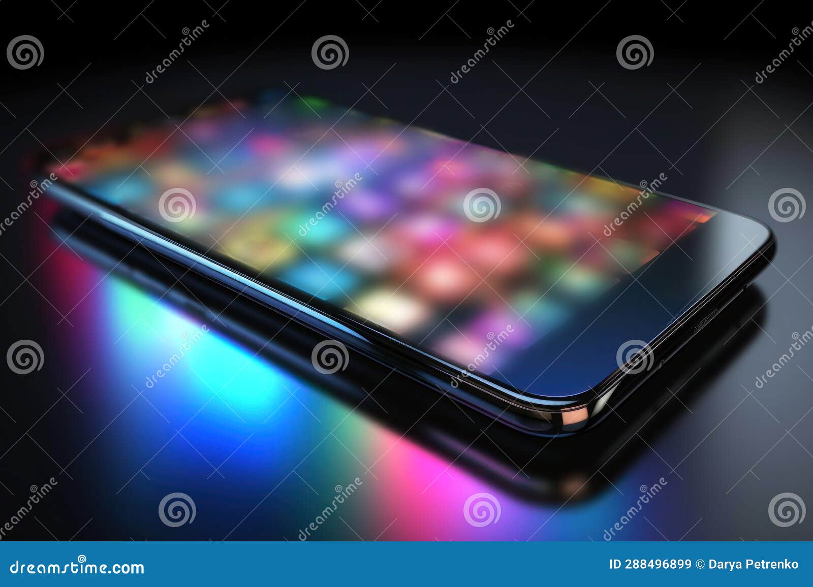 A Mobile Phone with a Bright Backlight on a Black Table Stock ...