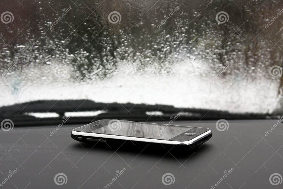 Mobile Phone in Car with Rain Stock Photo - Image of interior ...
