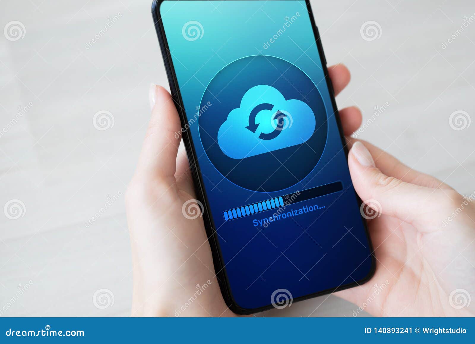 Mobile Phone Cloud Synchronisation Process on Device Screen. Technology ...