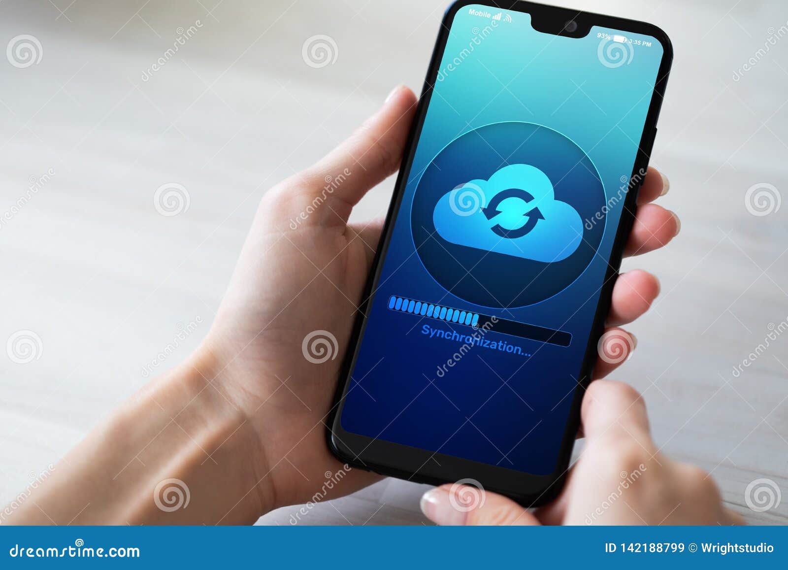 Mobile Phone Cloud Synchronisation Process on Device Screen. Technology ...