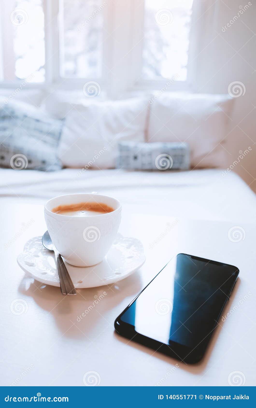 Mobile Phone with Coffee on a Table in Bed Room Stock Image - Image of ...