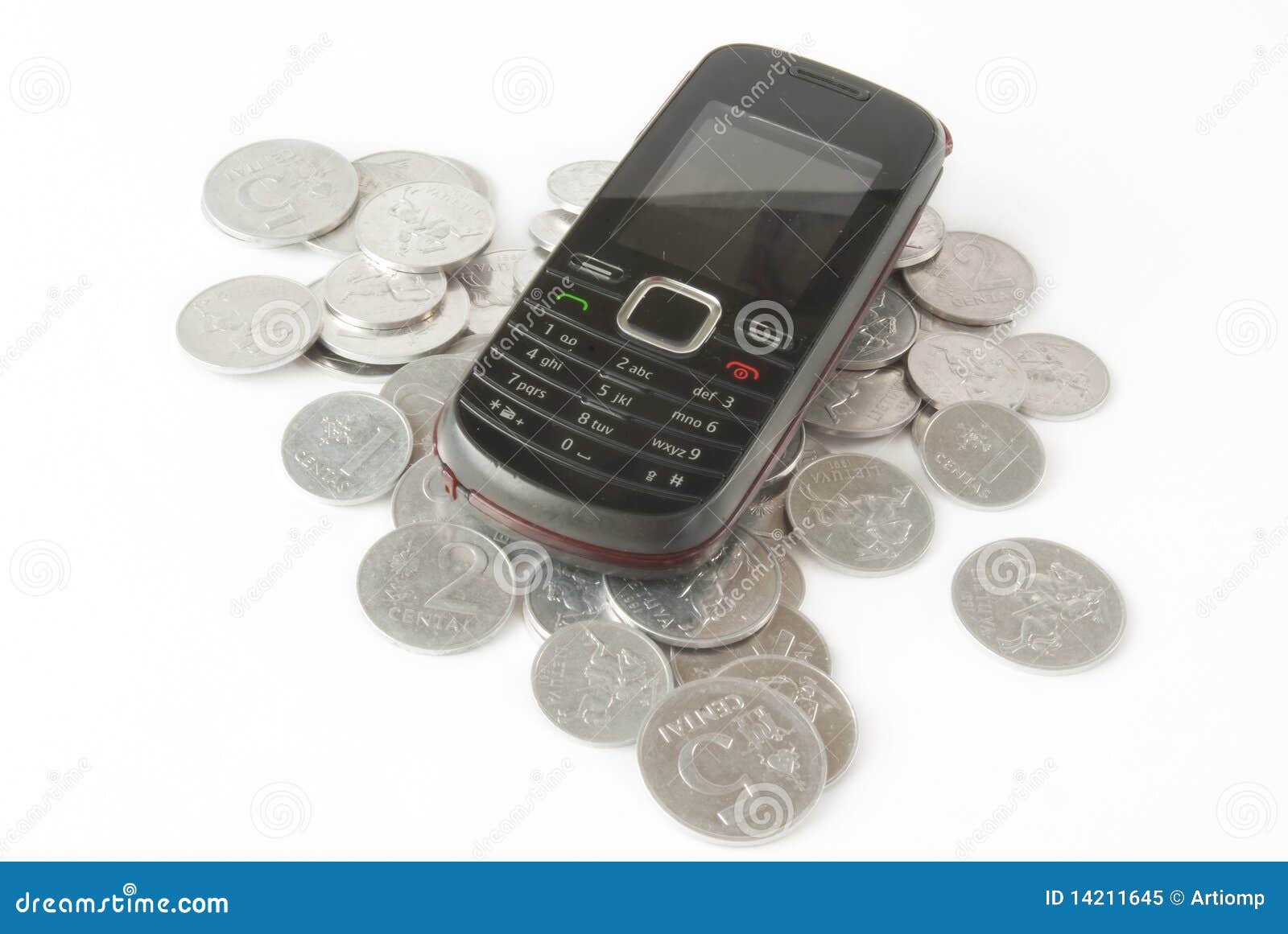 Mobile phone with coins stock image. Image of single - 14211645
