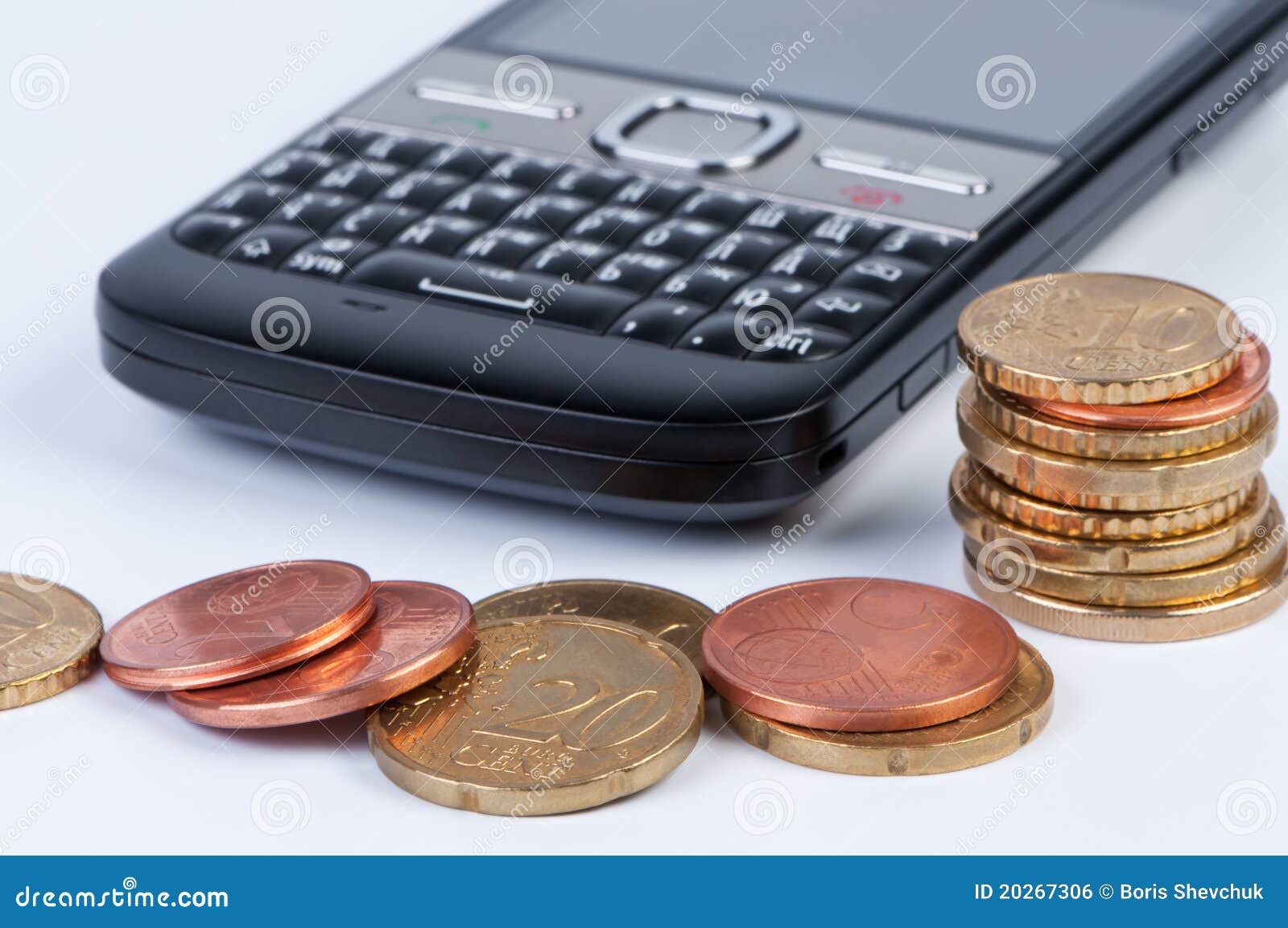 Mobile Phone with Coins Closeup. Stock Photo - Image of connection ...