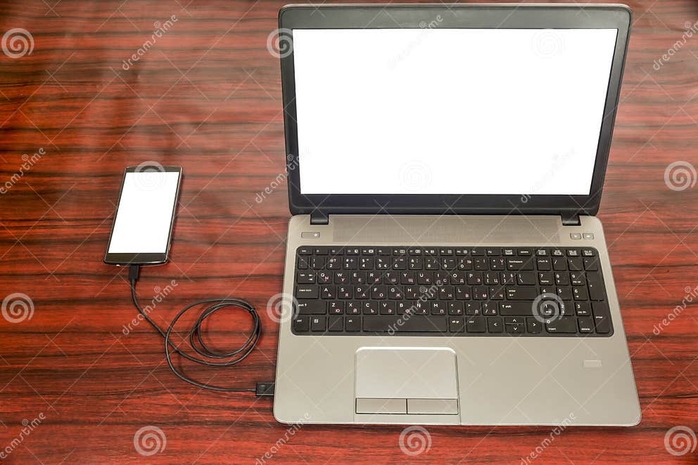 Mobile Phone Connected To Computer. Data Transfer. Stock Image - Image ...