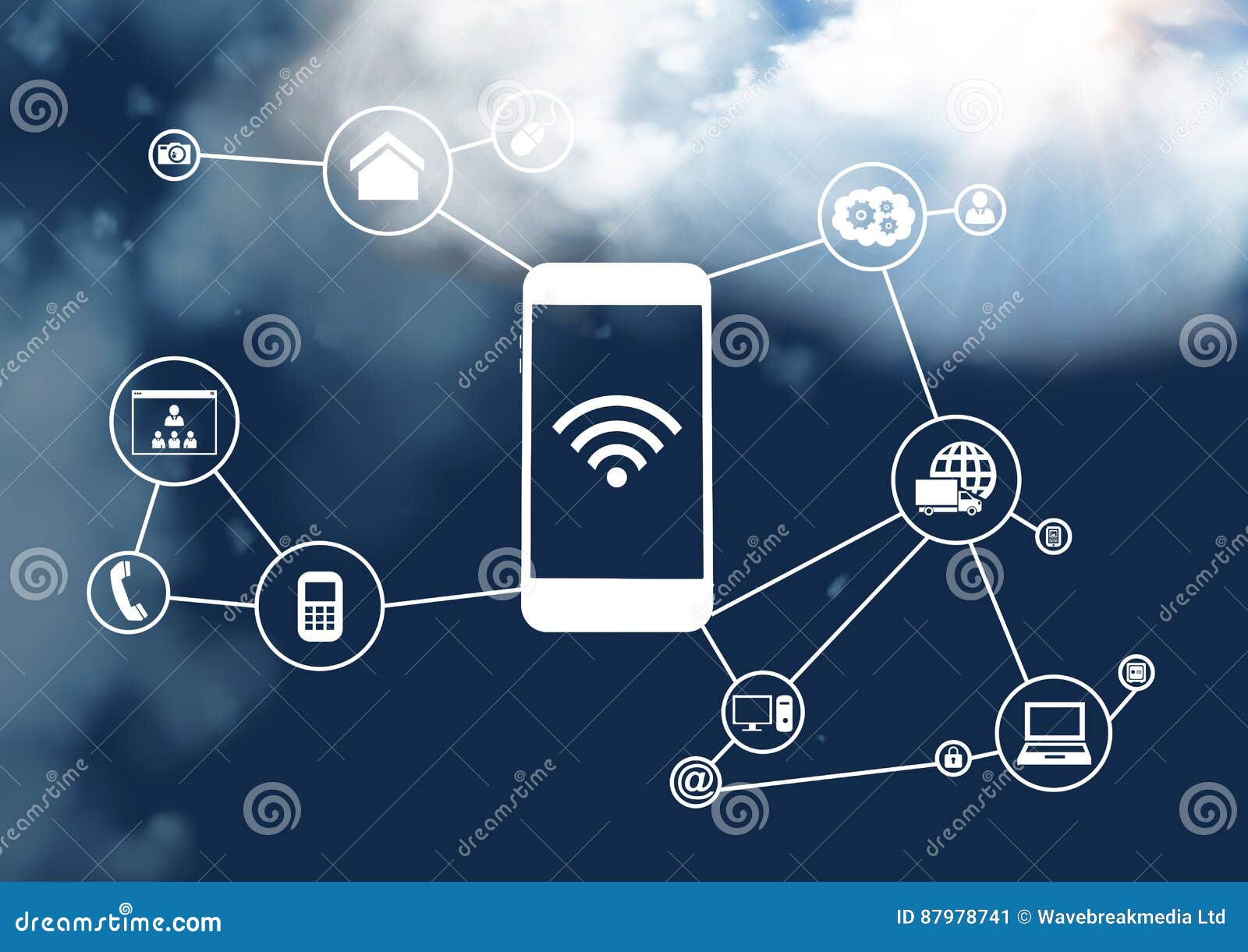 Mobile Phone and Connecting Icons with Cloud in Sky Stock Image - Image ...