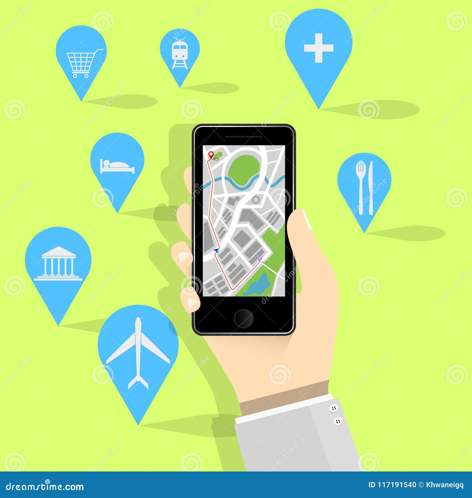 Mobile Phone Flat Design and Map Application, Hand Holding Concept ...