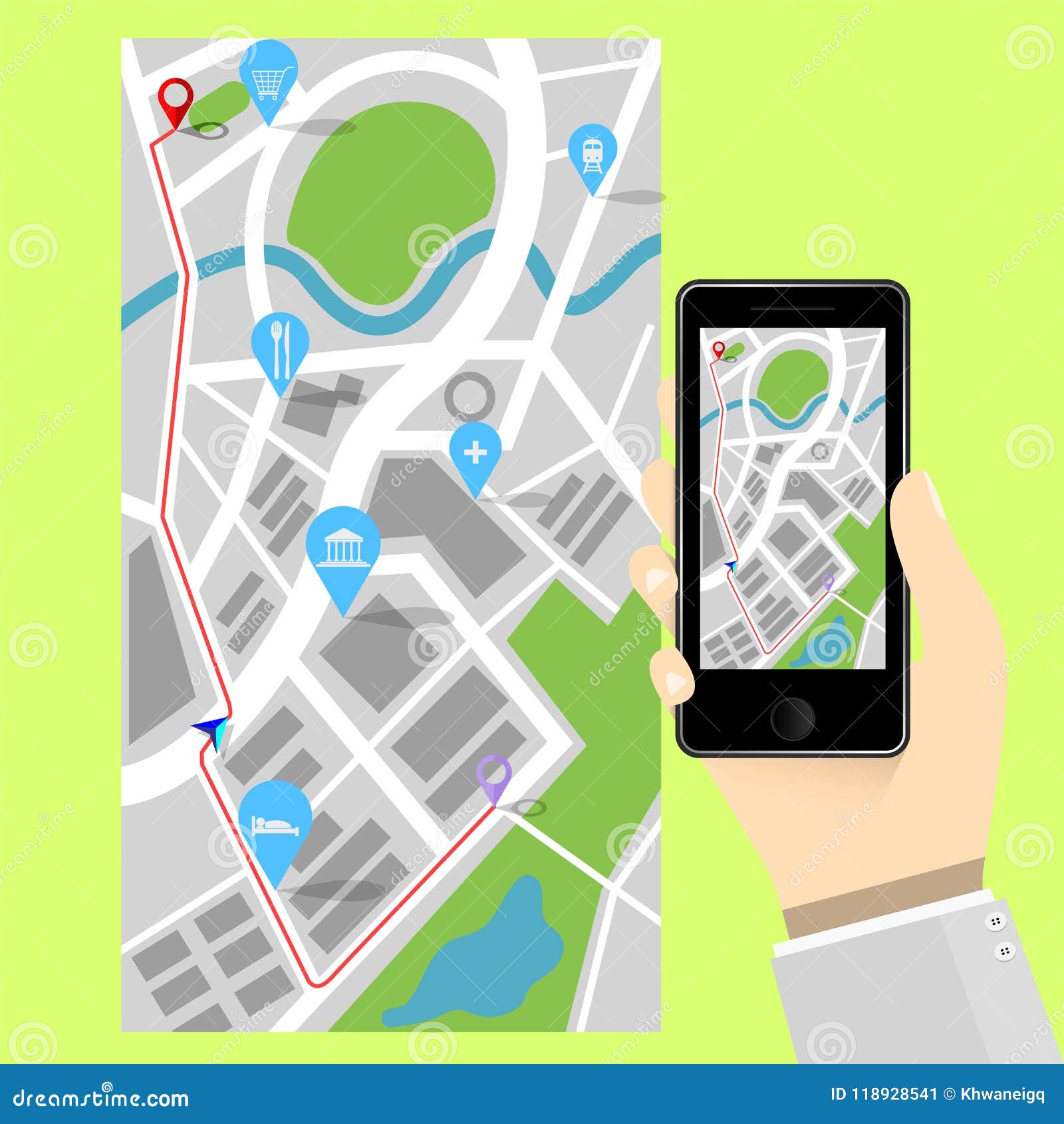 Mobile Phone Flat Design and Map Application, Hand Holding Concept ...