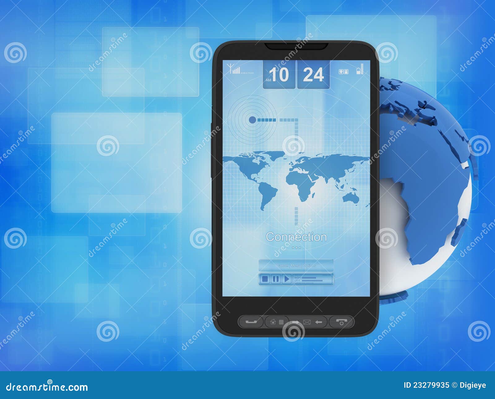 Mobile phone and globe stock illustration. Illustration of screen ...