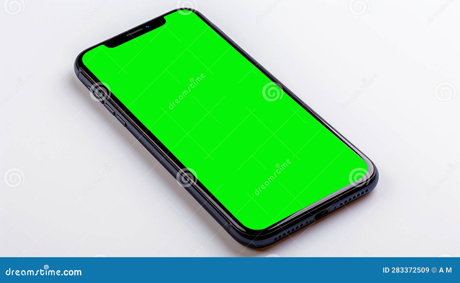 Mobile Phone with Green Screen Layout Top Side View Isolated on Blank ...