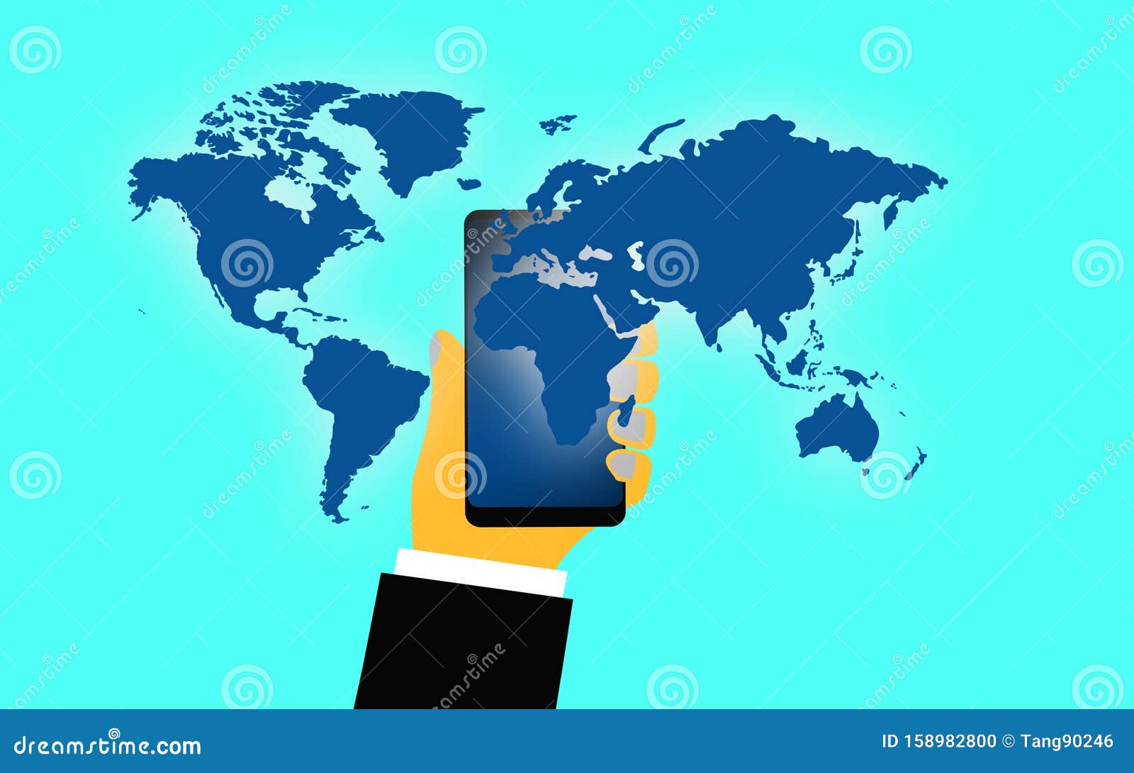 Mobile Phone in a Hand with World Map Stock Illustration - Illustration ...