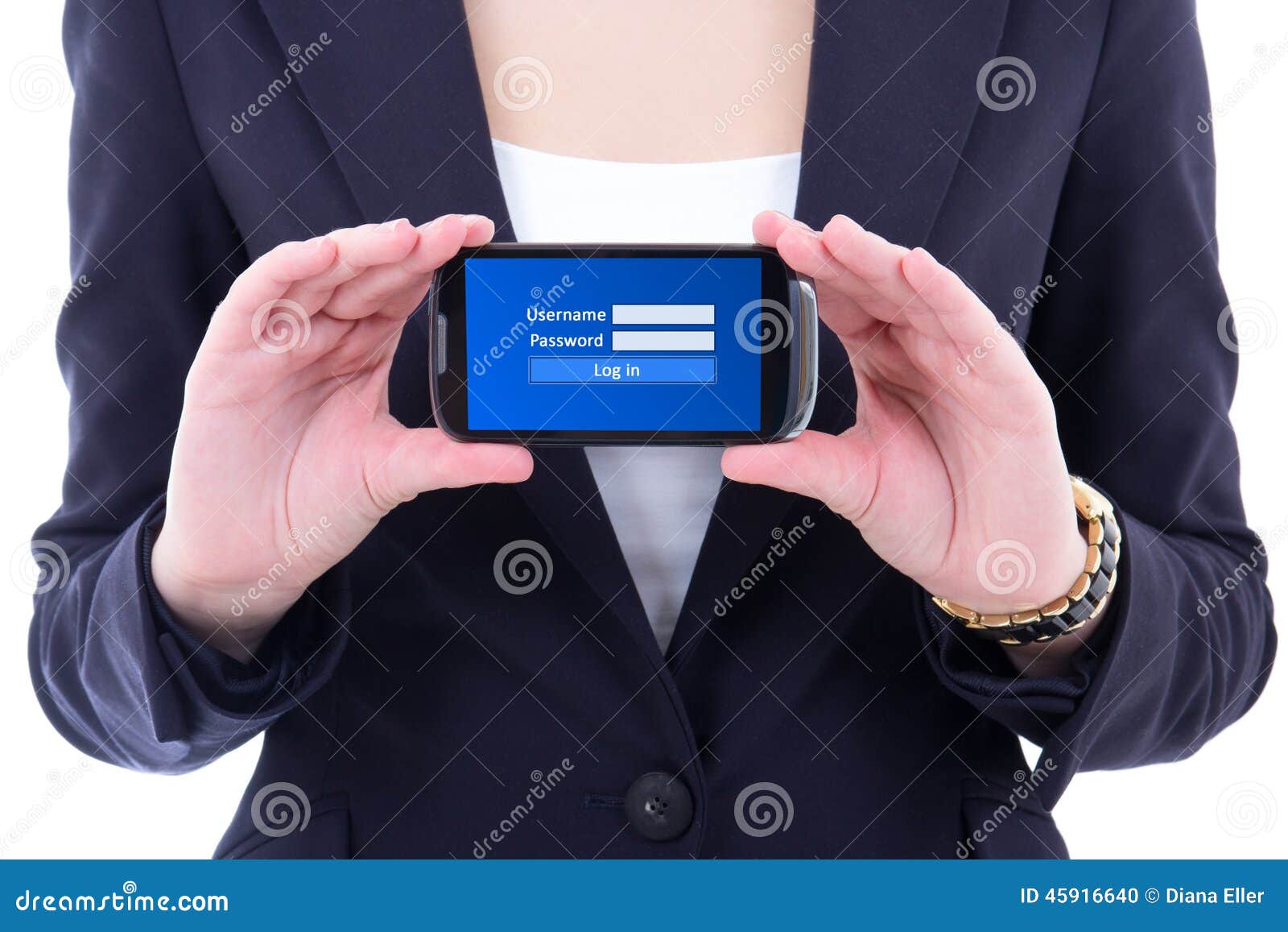 Mobile Phone with Login Panel on Screen in Female Hands Stock Photo ...