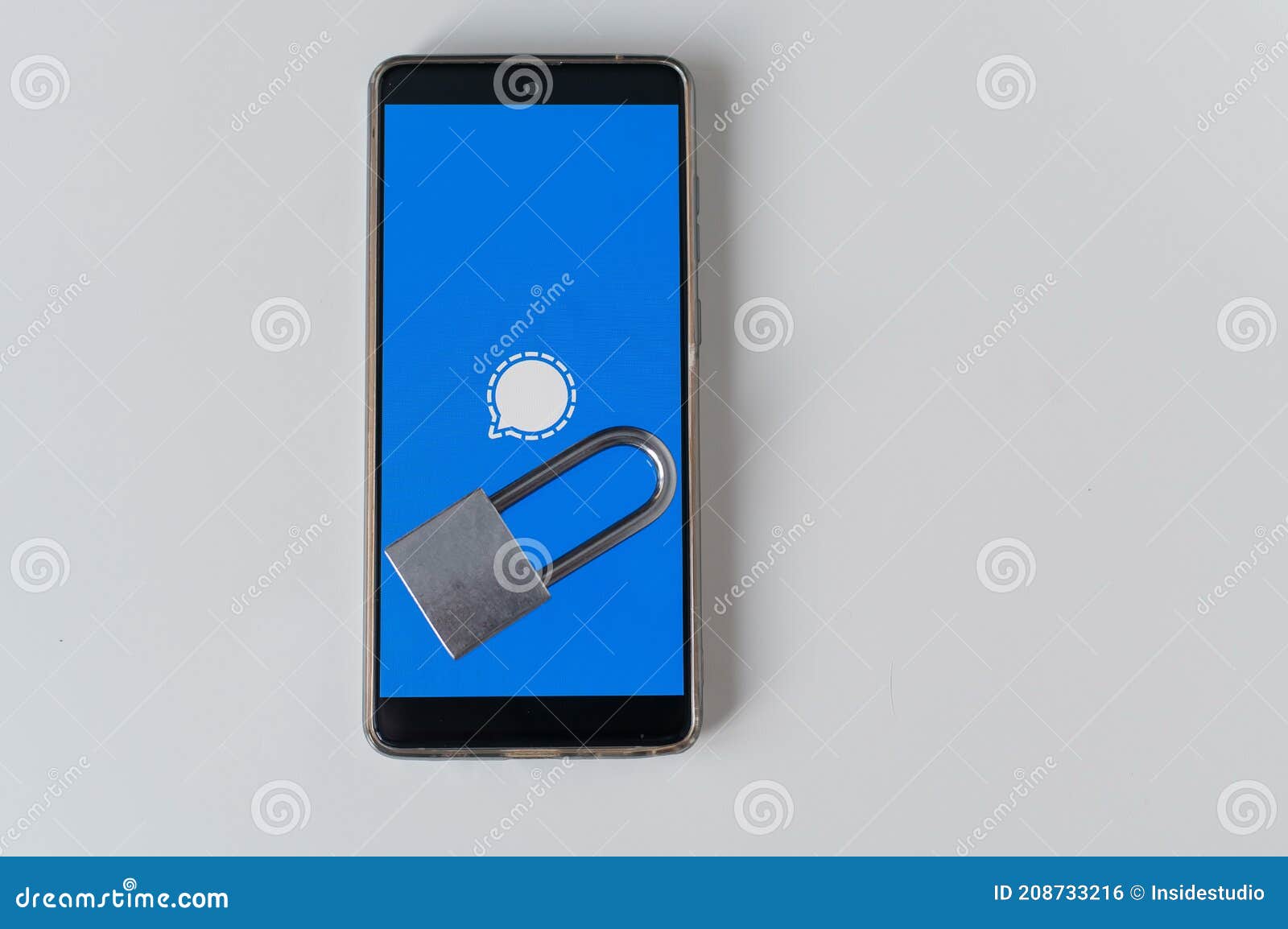 Mobile Phone with Messenger Logo Signal and Lock on White Background ...