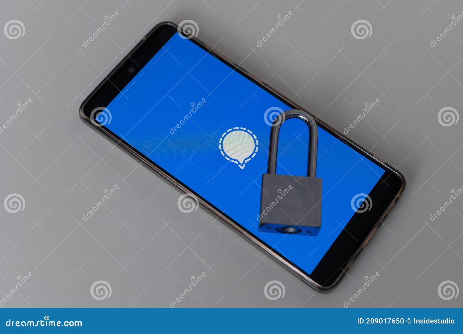 Mobile Phone with Messenger Logo Signal and Lock on White Background ...