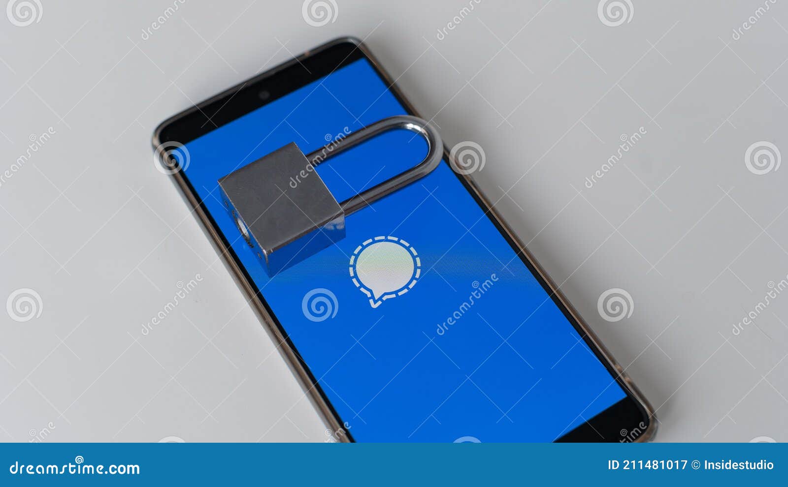 Mobile Phone with Messenger Logo Signal and Lock on White Background ...