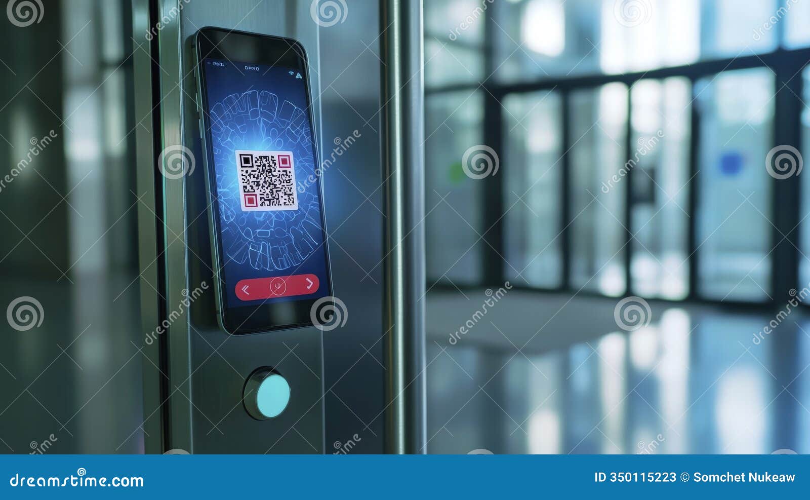 Mobile Phone with Qr Code Ready for Scan at Modern Building Entry ...
